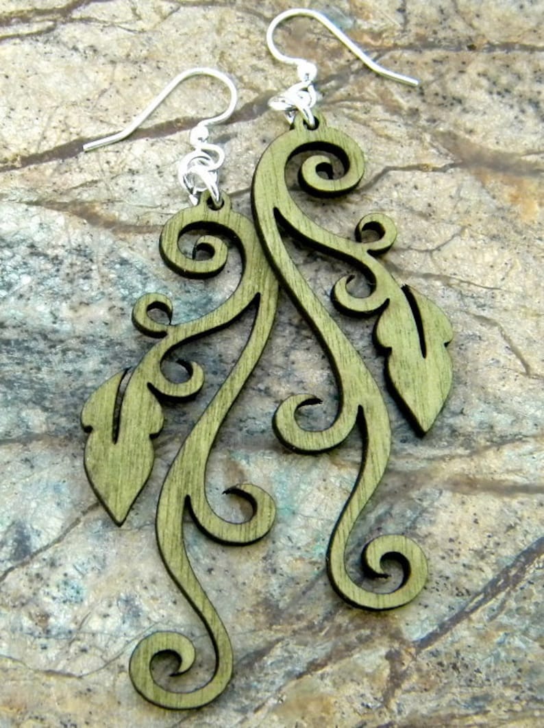 Leaf Vine Earrings Laser Cut Wood Earrings From Reforested Etsy