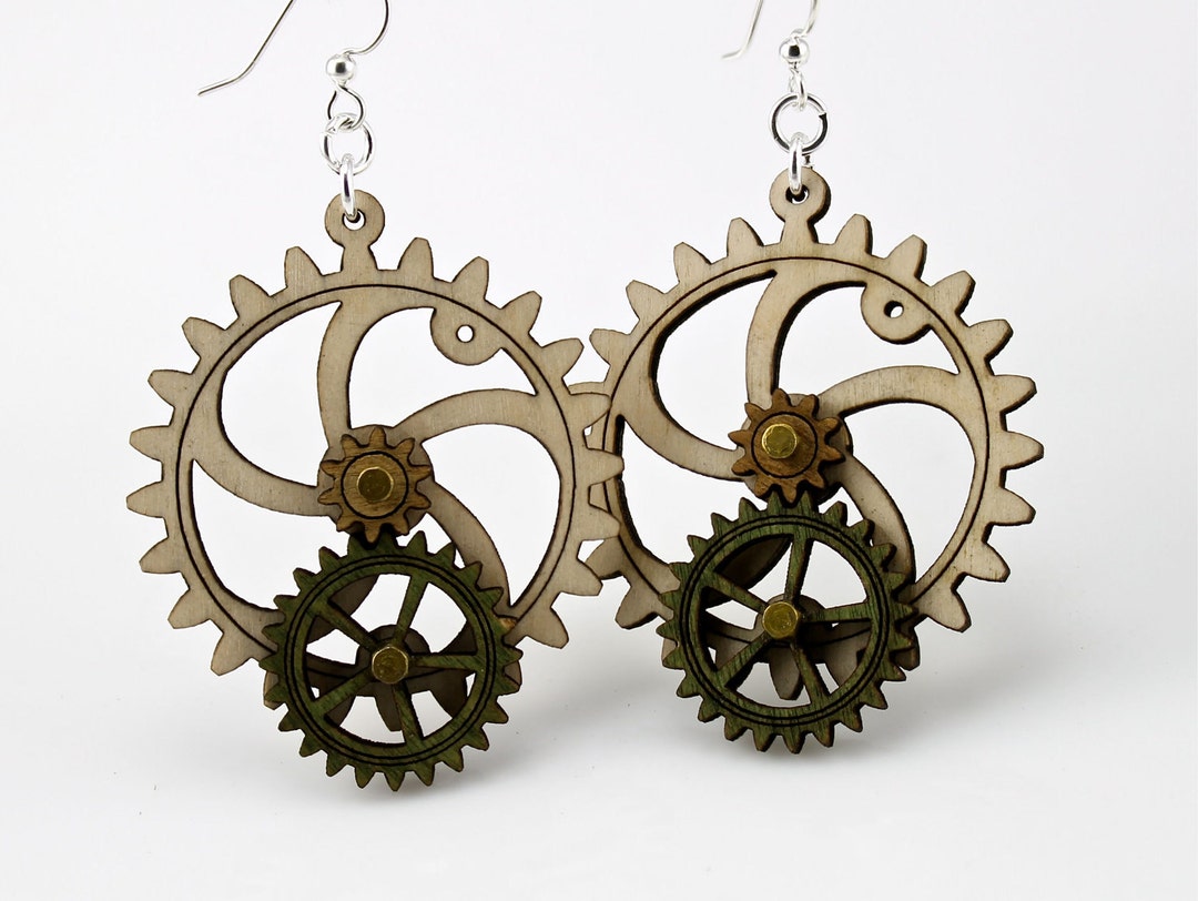 Gear Earrings That Move - Made From Wood - Hugo Steampunk Style #5003A ...