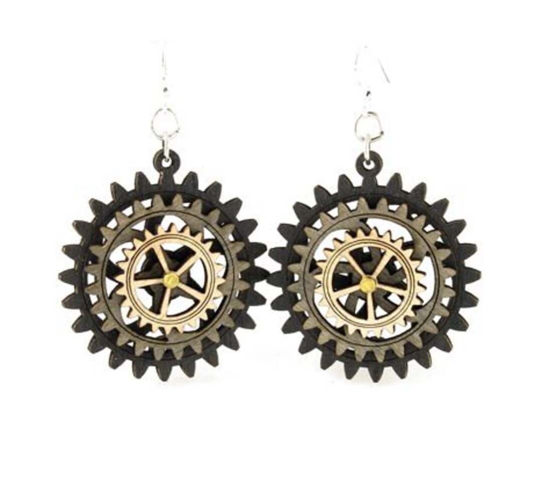 Triple Layered Spinning Kinetic Gears - Laser Cut Wood Earrings - 5004E ...