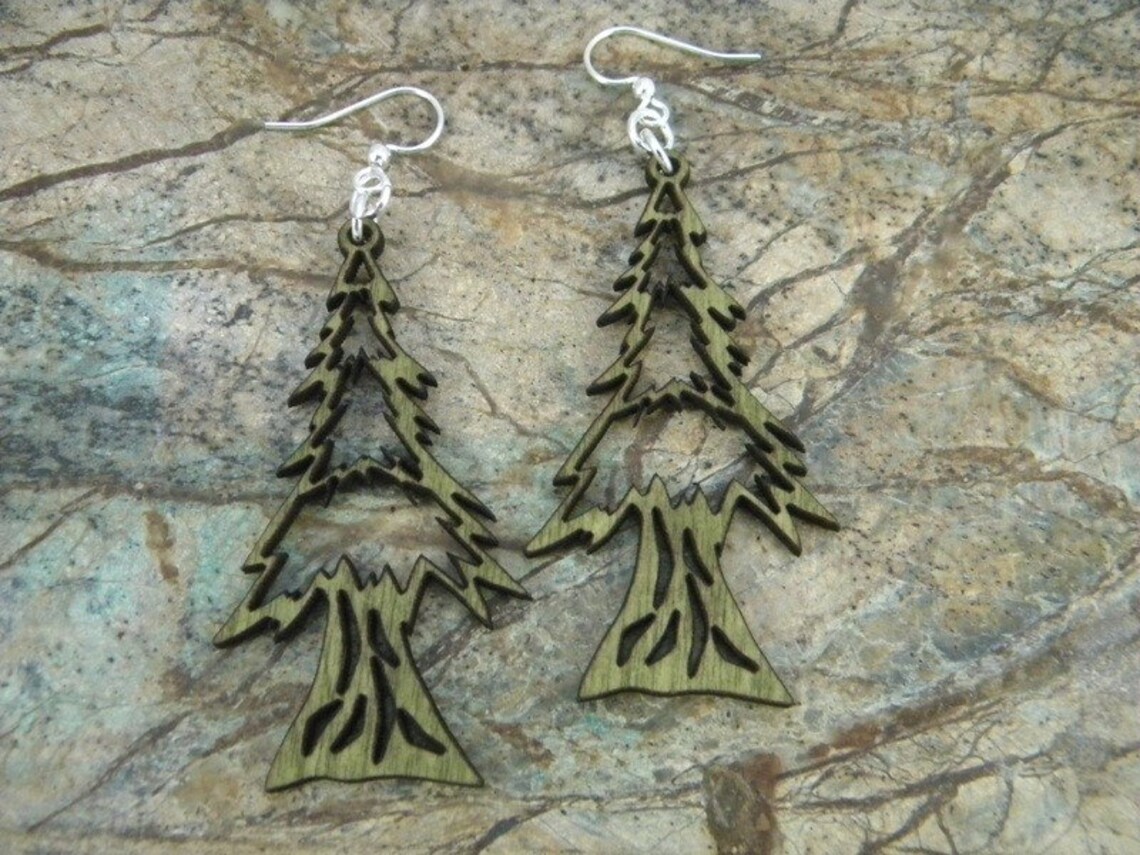 Pine Tree Laser Cut Earrings from Reforested Wood | Etsy