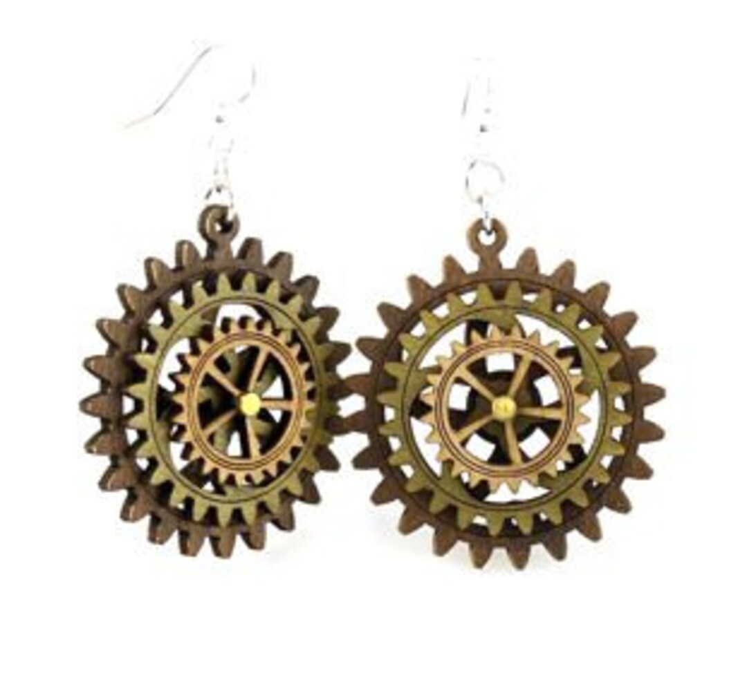 Triple Layered Spinning Kinetic Gears - Laser Cut Wood Earrings #5004I ...