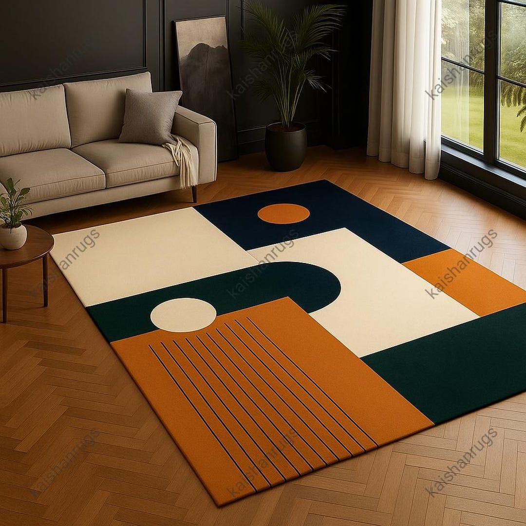 Mid-century Modern Geometric Rug: Terracotta, Green, Cream, and Blue ...