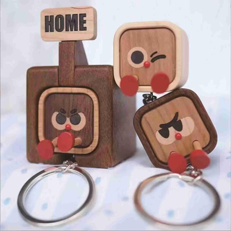 Wooden Home-out Magnetic Keychain, Cute Cartoon Solid Wood Key Ring ...