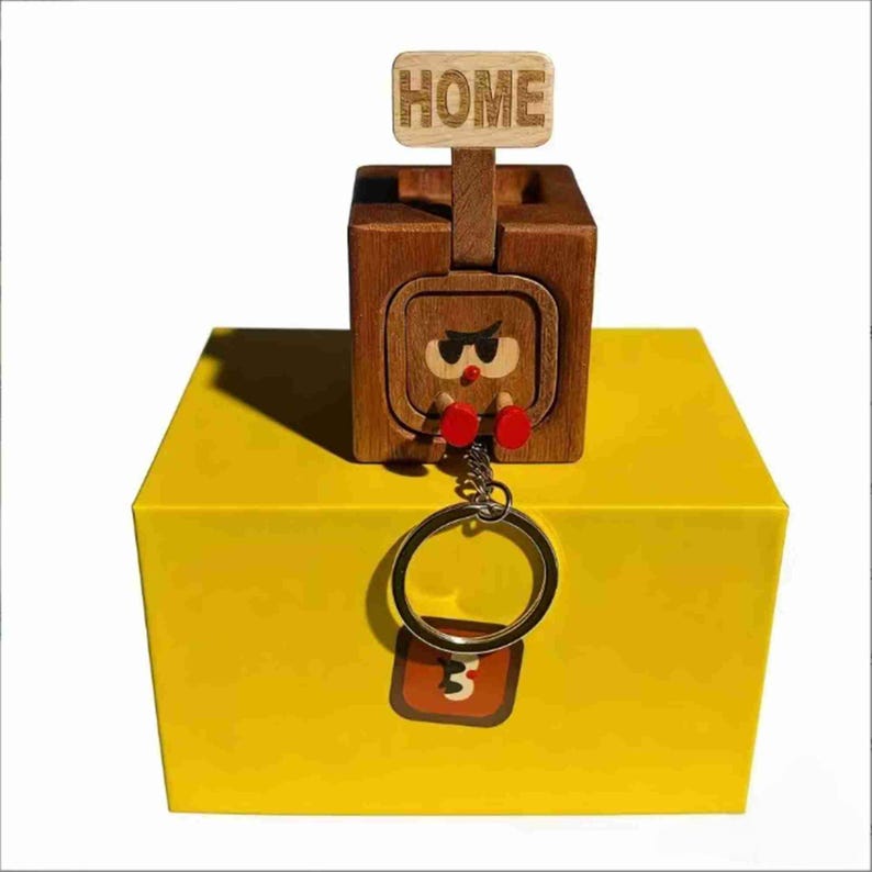 Wooden Home-out Magnetic Keychain, Cute Cartoon Solid Wood Key Ring ...
