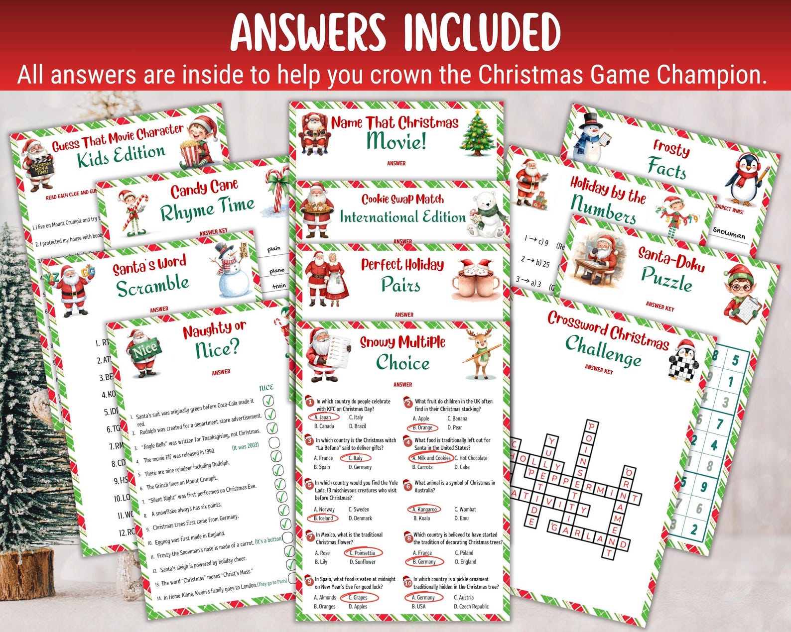 Christmas Games, 67 Printable Holiday Games Bundle, Red Festive Set ...