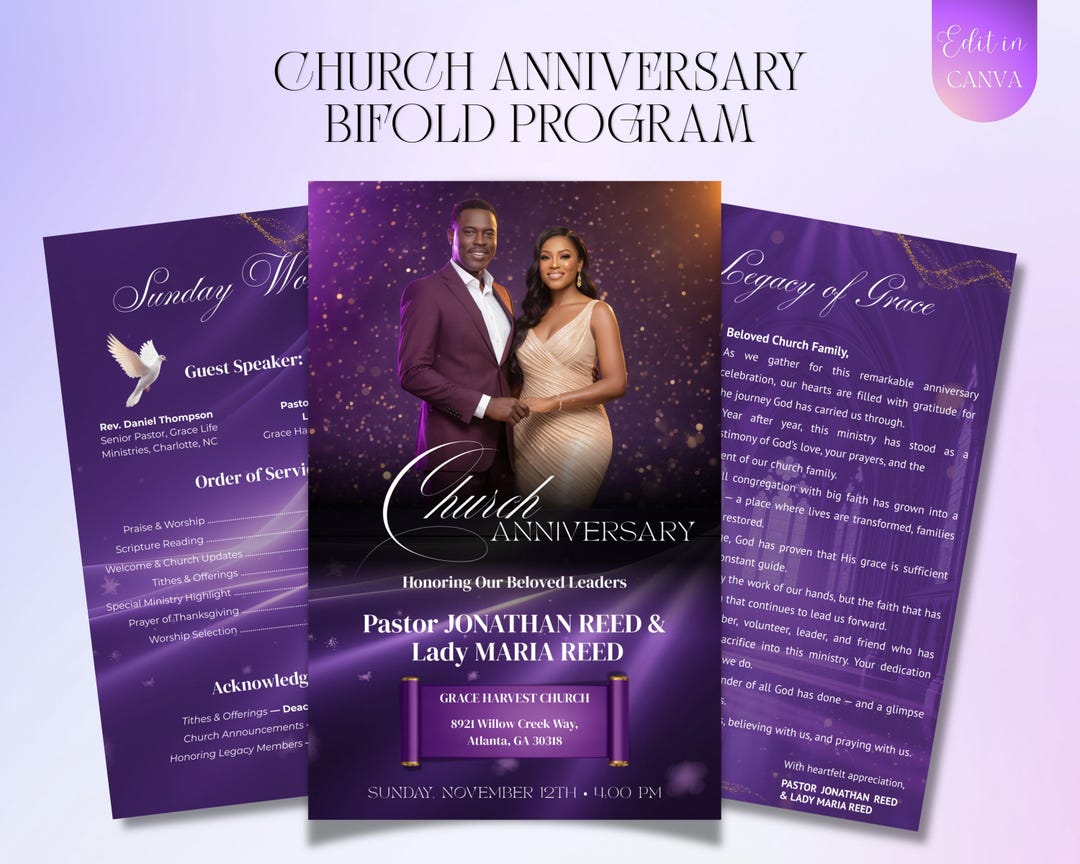 Church Anniversary Program Template, Editable Bifold & Booklet, Worship ...