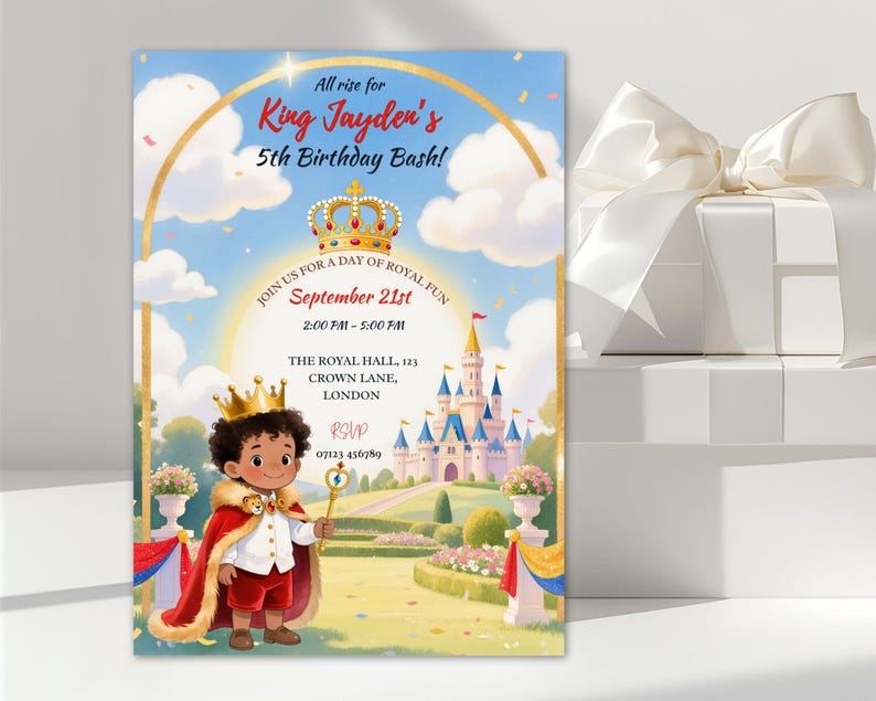 King Birthday Invitation, Afro Prince Party Template, Royal Castle ...