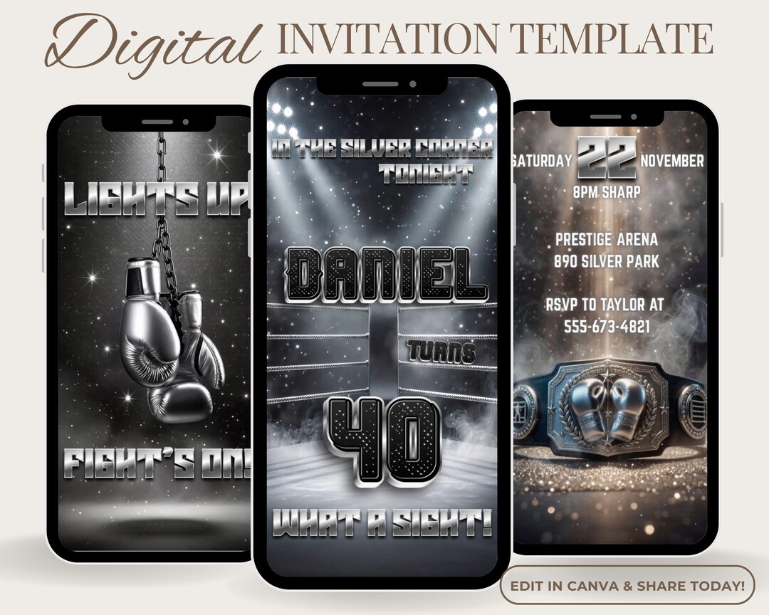 Boxing Birthday Video Invitation, Silver Black Fight Night Party Invite ...