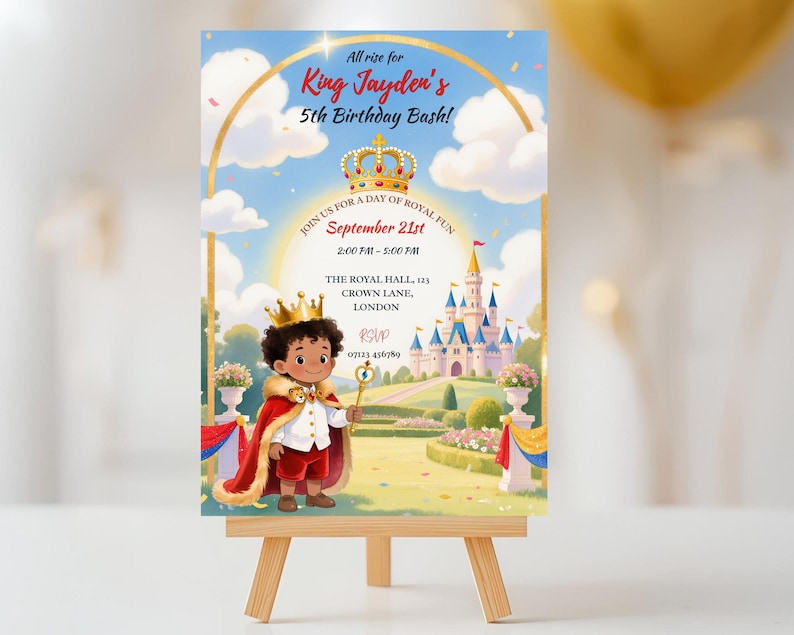 King Birthday Invitation, Afro Prince Party Template, Royal Castle ...