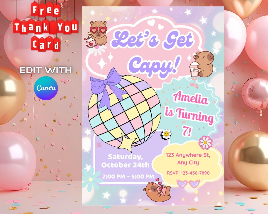Capybara Birthday Invitation, Cute Pastel Disco Capybara Party Invite ...
