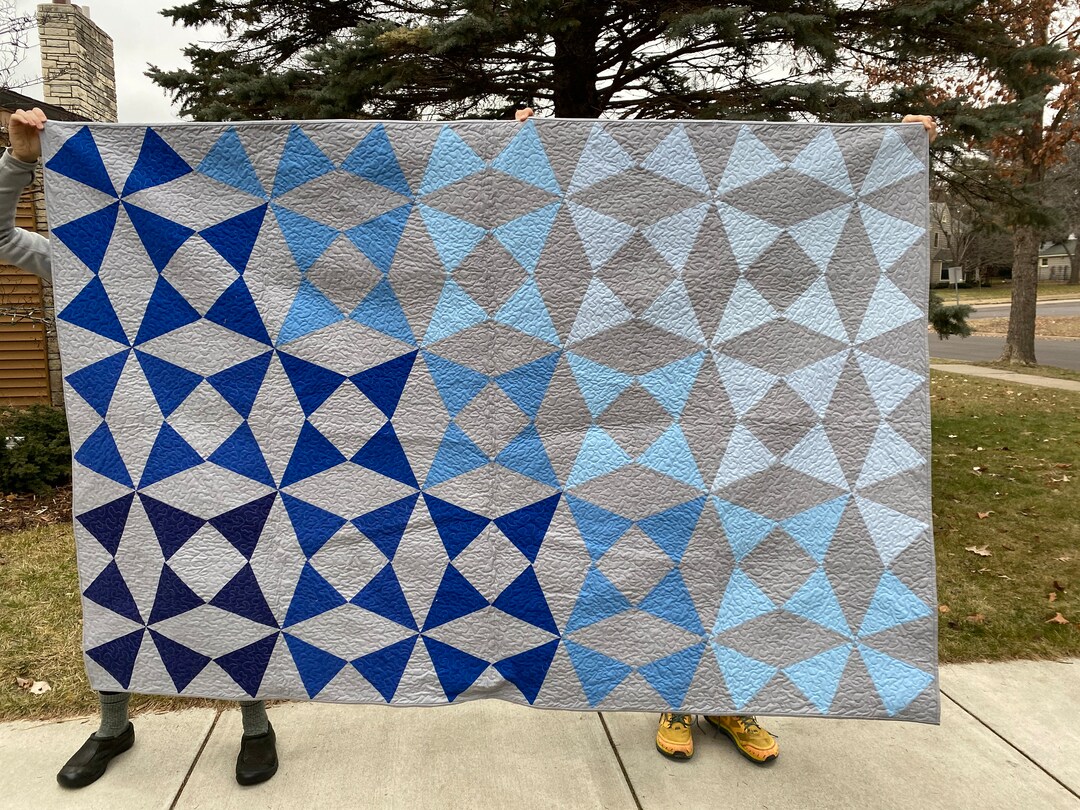 Modern Geometric Quilt, Very Large Throw Size, Blues and Grey, Triangle ...