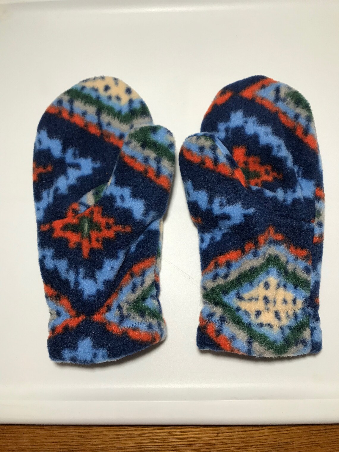 Double Layer Fleece Mittens in a Diamond Pattern of Dark Blue, Light ...