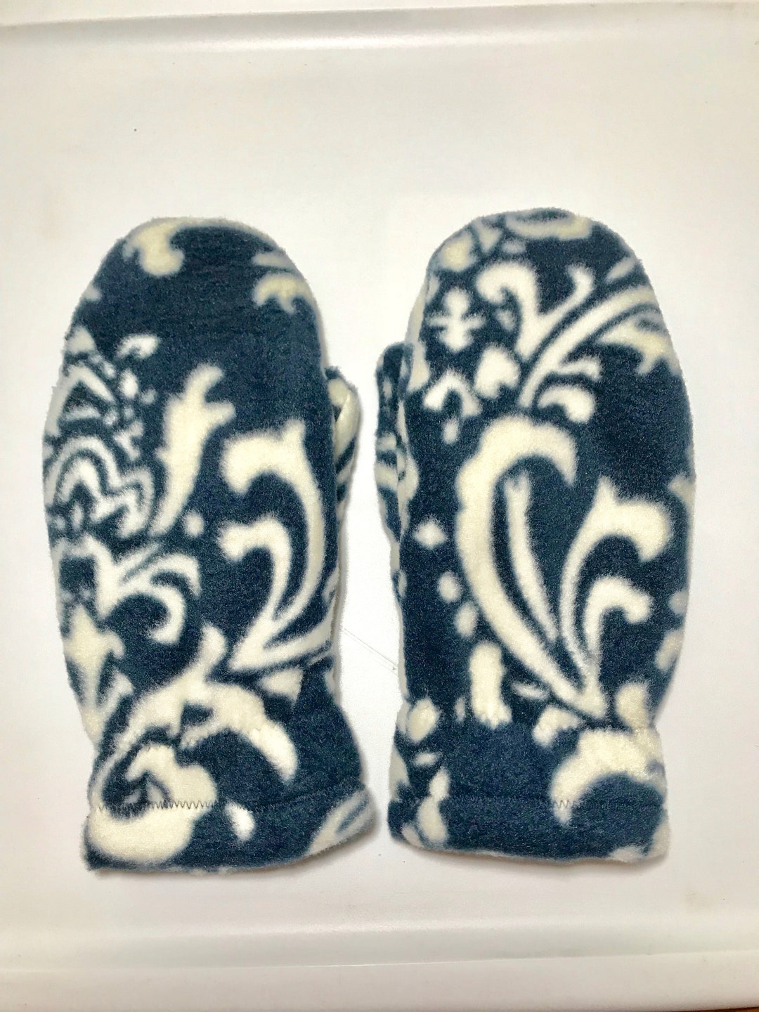 Double Layer Fleece Mittens in Navy and Ivory Abstract Floral Vine ...