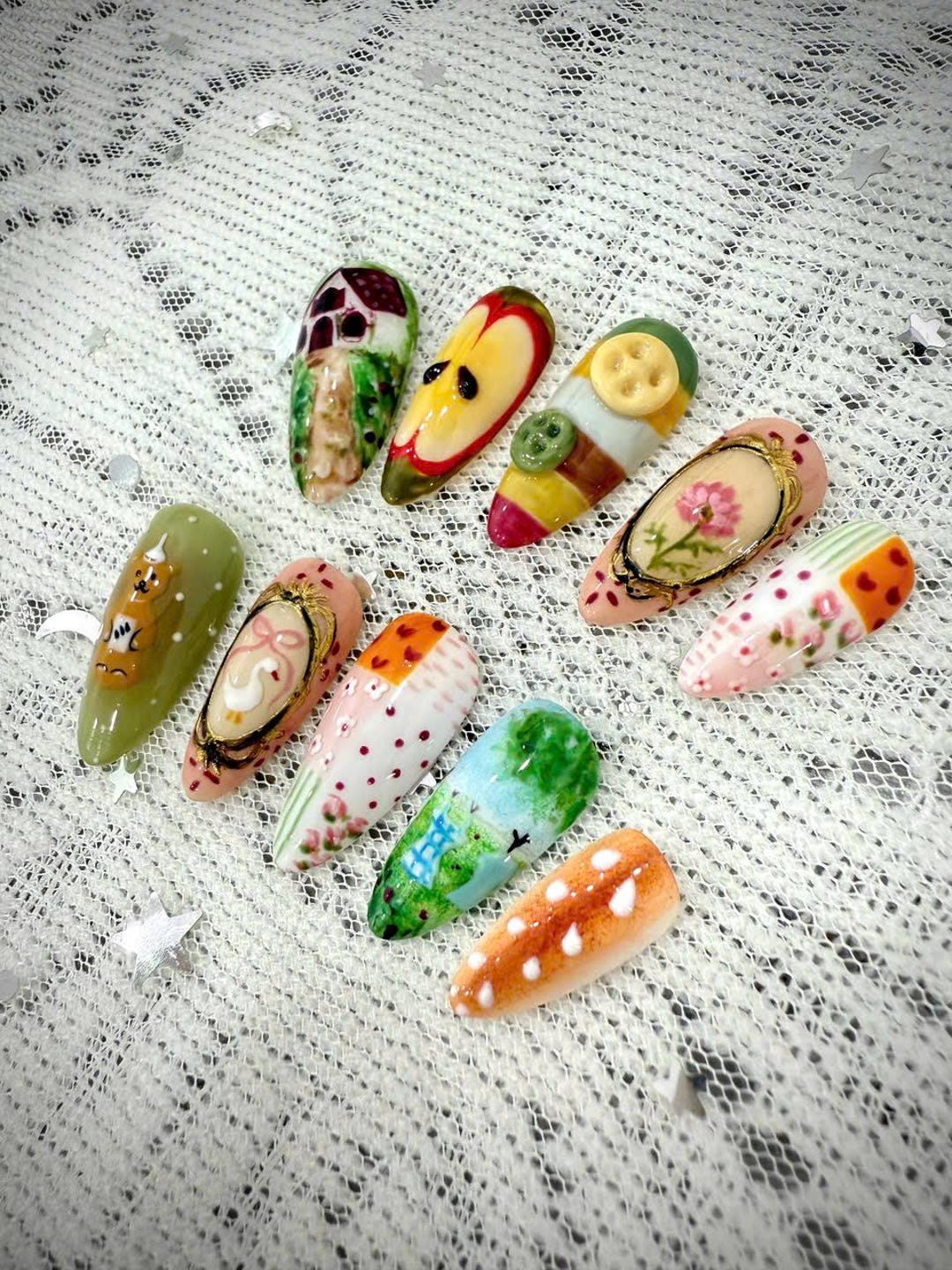 Cottagecore Press on Nails: Vintage Pastel Hand-painted Nail Set - Etsy