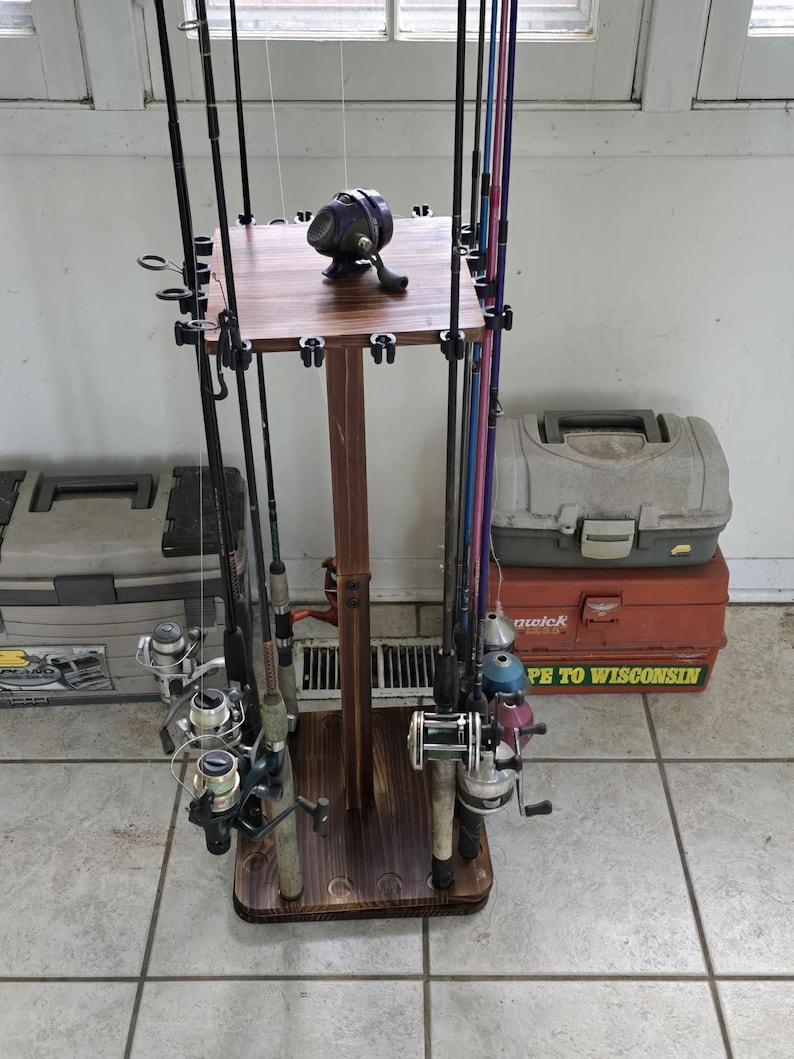 360 Rotating Wooden Fishing Rod Rack, Garage Pole Holder, Holds 16 Rods ...