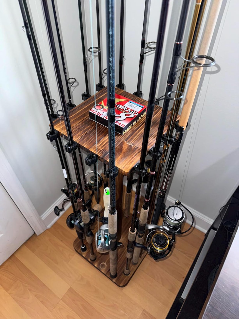 360 Rotating Wooden Fishing Rod Rack, Garage Pole Holder, Holds 16 Rods ...