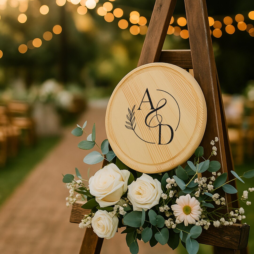 Custom Round Wooden Wedding Sign With Initials and Leaf Design ...