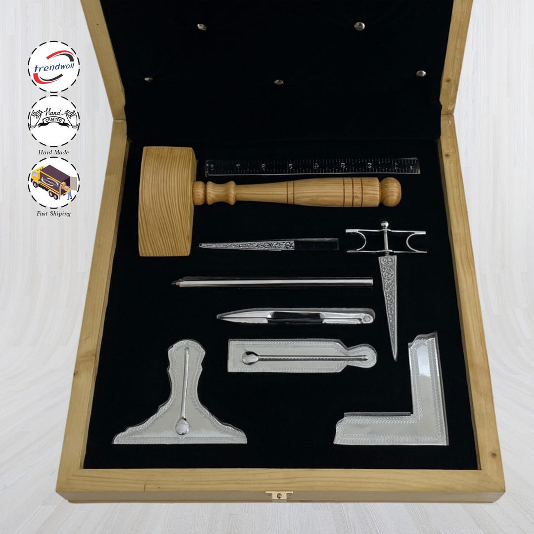 Masonic Freemason Standard Wooden Gavel & Silver Tone Working Tools Set ...