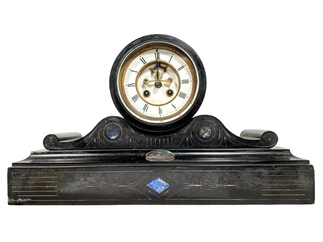 Antique French Black Marble Lapiz Stone Mantlepiece Wind up Clock ...