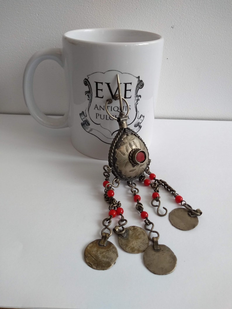 Vintage Moroccan Fibula Brooch Garment Closure Silver Metal Red Glass ...