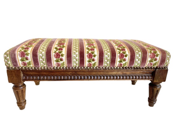 Vintage French Cushioned Bench Foot Stool Rose Cushion Padded Bench Wooden Wood Chair Seat Side Prop Display Cross Stitch c1940 50 s EVE Etsy