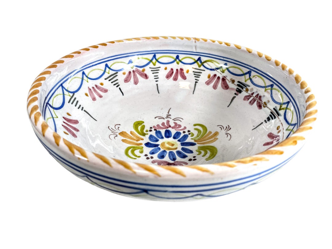 Vintage Spanish Bowl Hand Painted Green White Red Flowers Ceramic Fruit ...