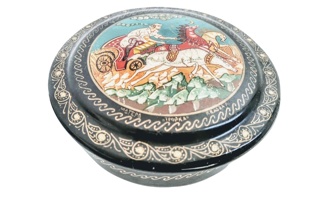 Vintage Greek Enamel Wooden Small Lidded Pill Box Case Jewellery ...