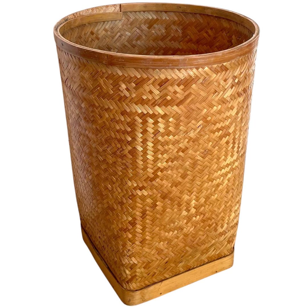 Vintage Asian Cane Canework Bamboo Waste Paper Trash Can Wooden Woven ...