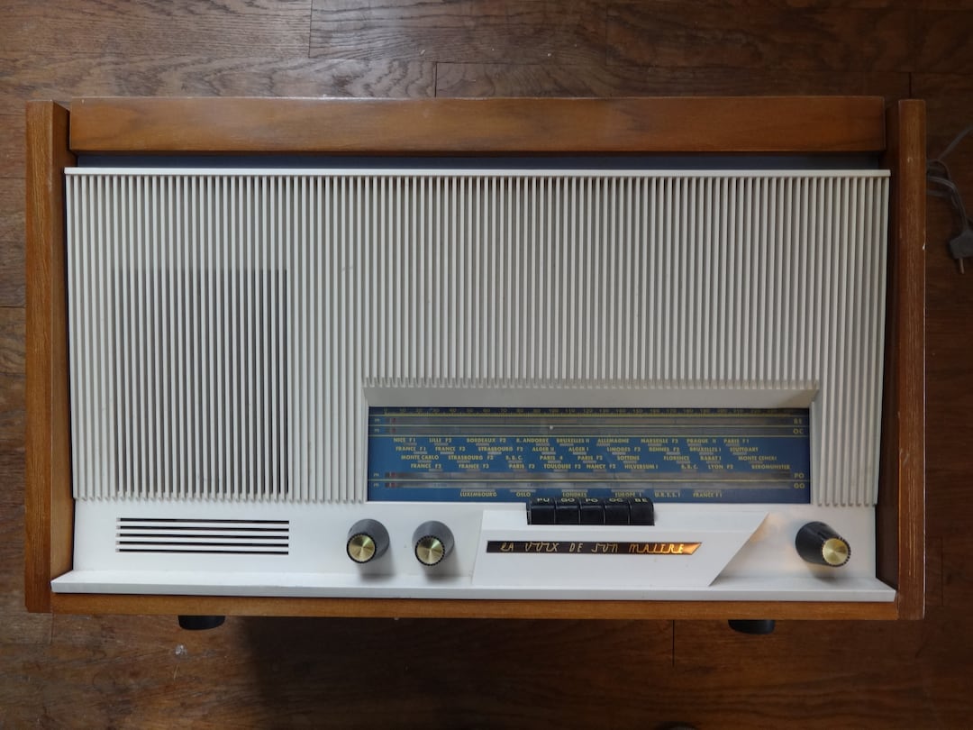 Vintage French Wooden Cased Push Button Record Player and Radio Circa ...