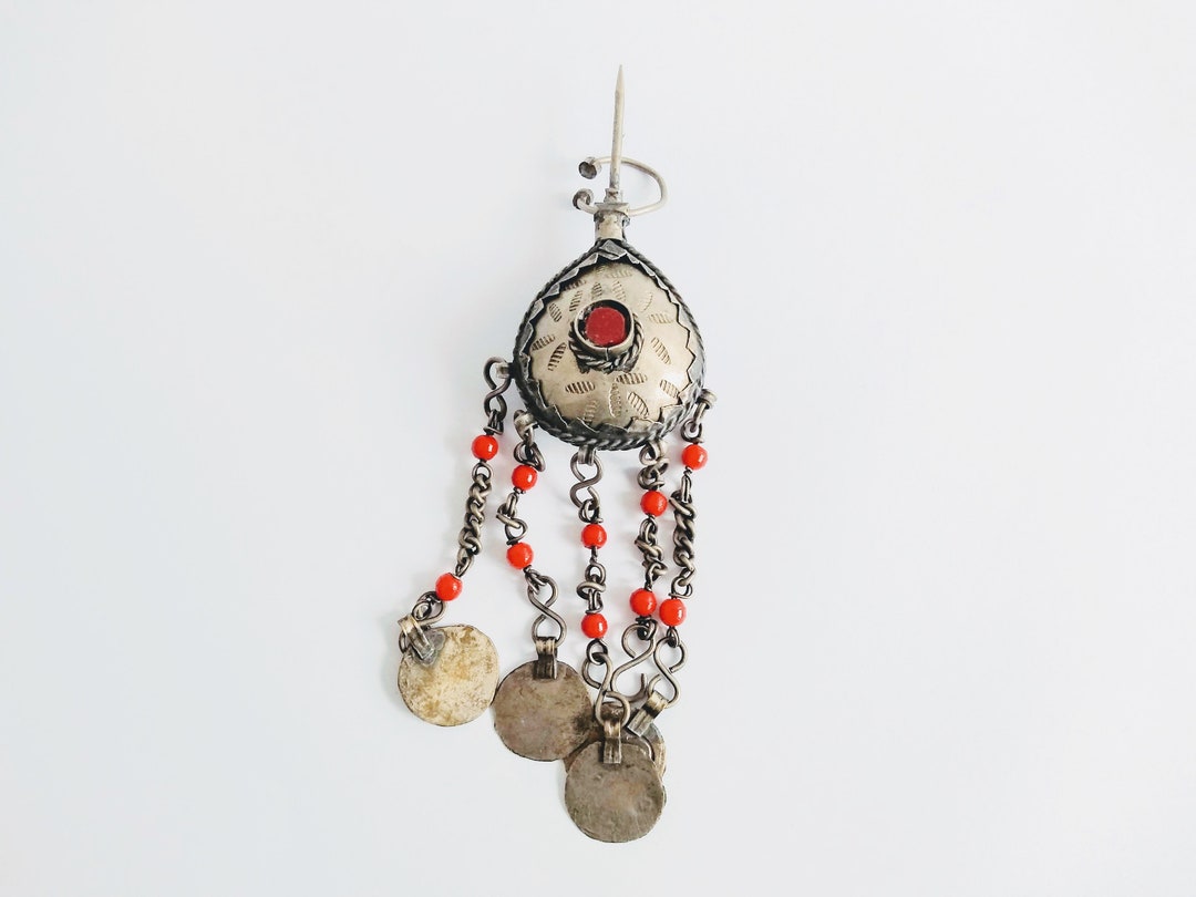 Vintage Moroccan Fibula Brooch Garment Closure Silver Metal Red Glass ...