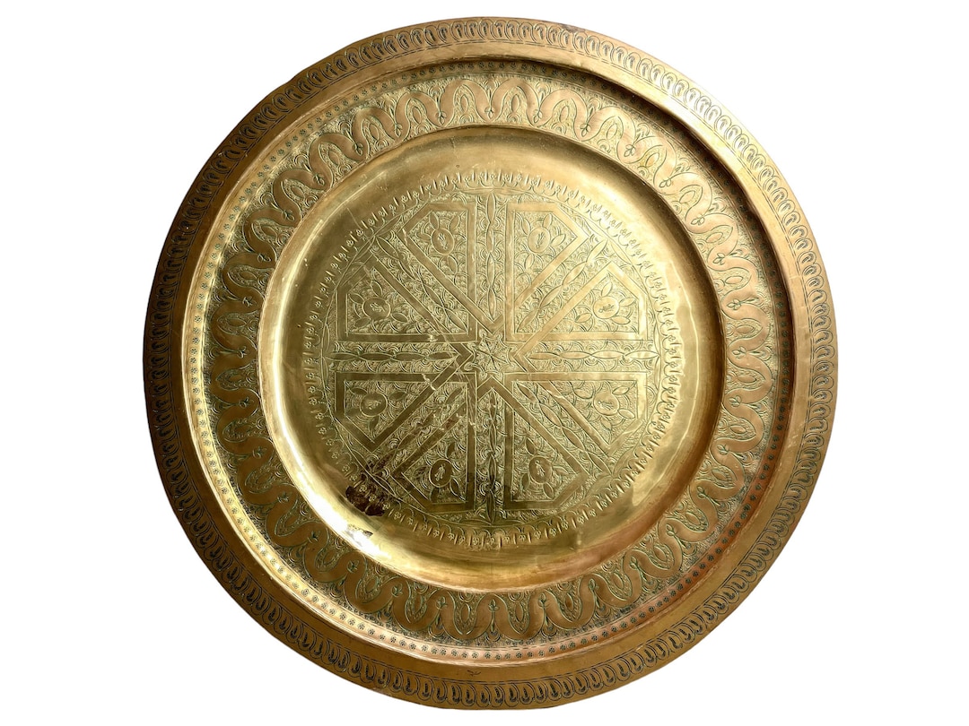Vintage Moroccan Arabian Large Brass Circular Tray Plate Dish Charger ...