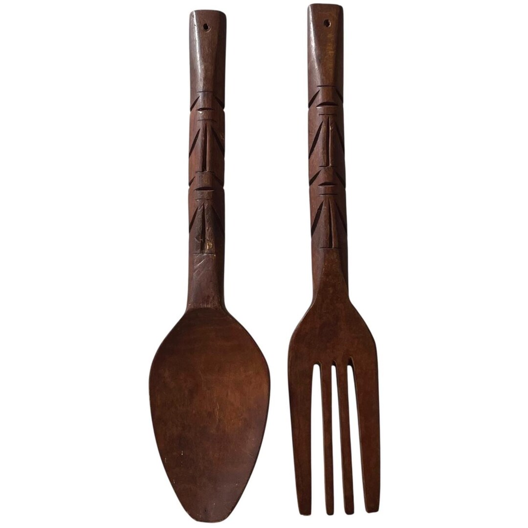 Vintage Filipino Carved Wood Wooden Large Decorative Spoon and Fork ...