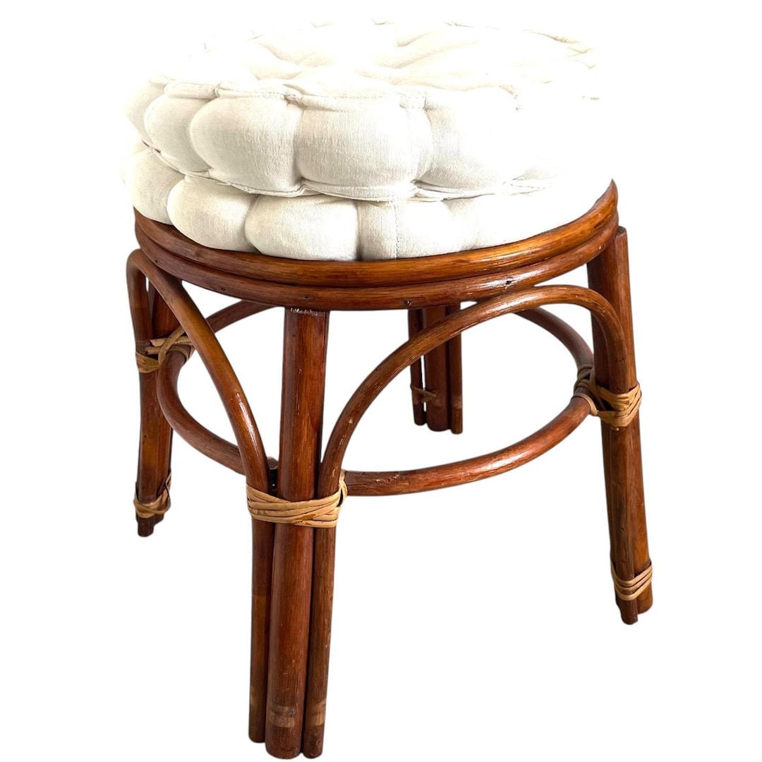 Vintage French Bent Wood Pole Cushioned Stool Chair Seat Round Shaped ...