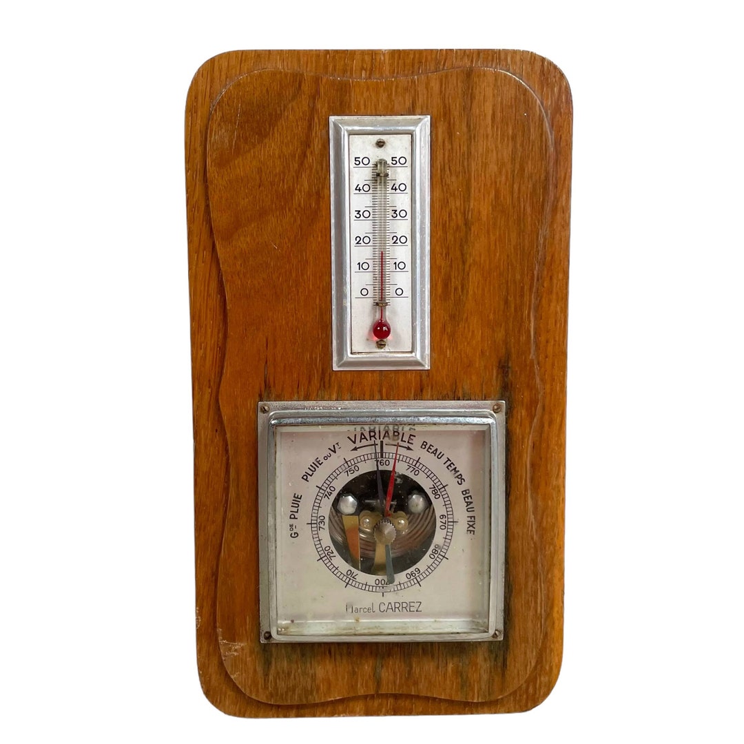 Vintage French Metal Wood Barometer Barometre Thermometer Weather ...