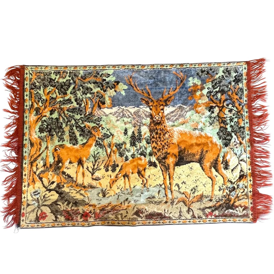 Vintage French Deer Stag Woodland Wall Hanging Carpet Floor Mat Rug ...
