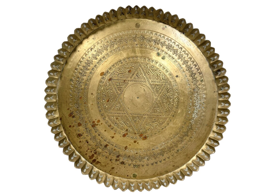 Vintage Moroccan Arabian Brass Circular Tray Pie Crust Edging Arabic ...