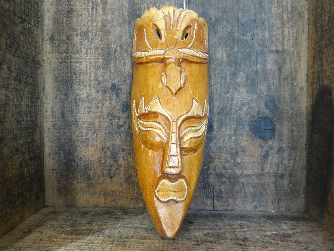 Vintage Figurine Mask Statue Primitive Art Carving Wooden Wood Ornament ...