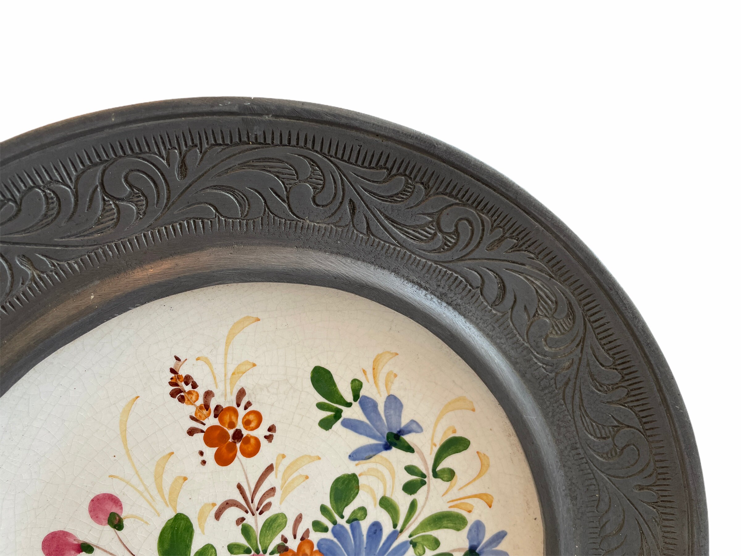 Vintage French Heavy Plate With Pewter Surround Hand Painted | Etsy