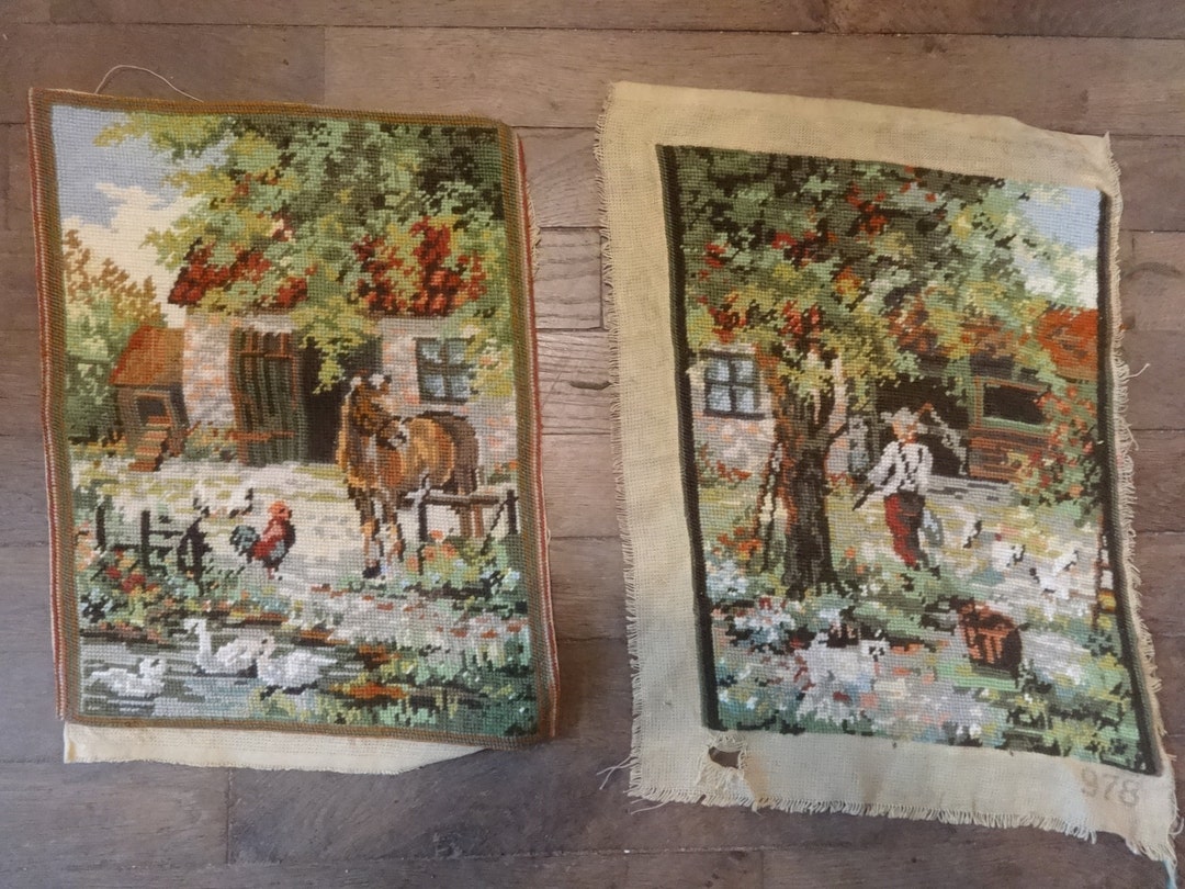 Vintage French Farmhouse Rustic Country Horse Farming Cross Stitch ...