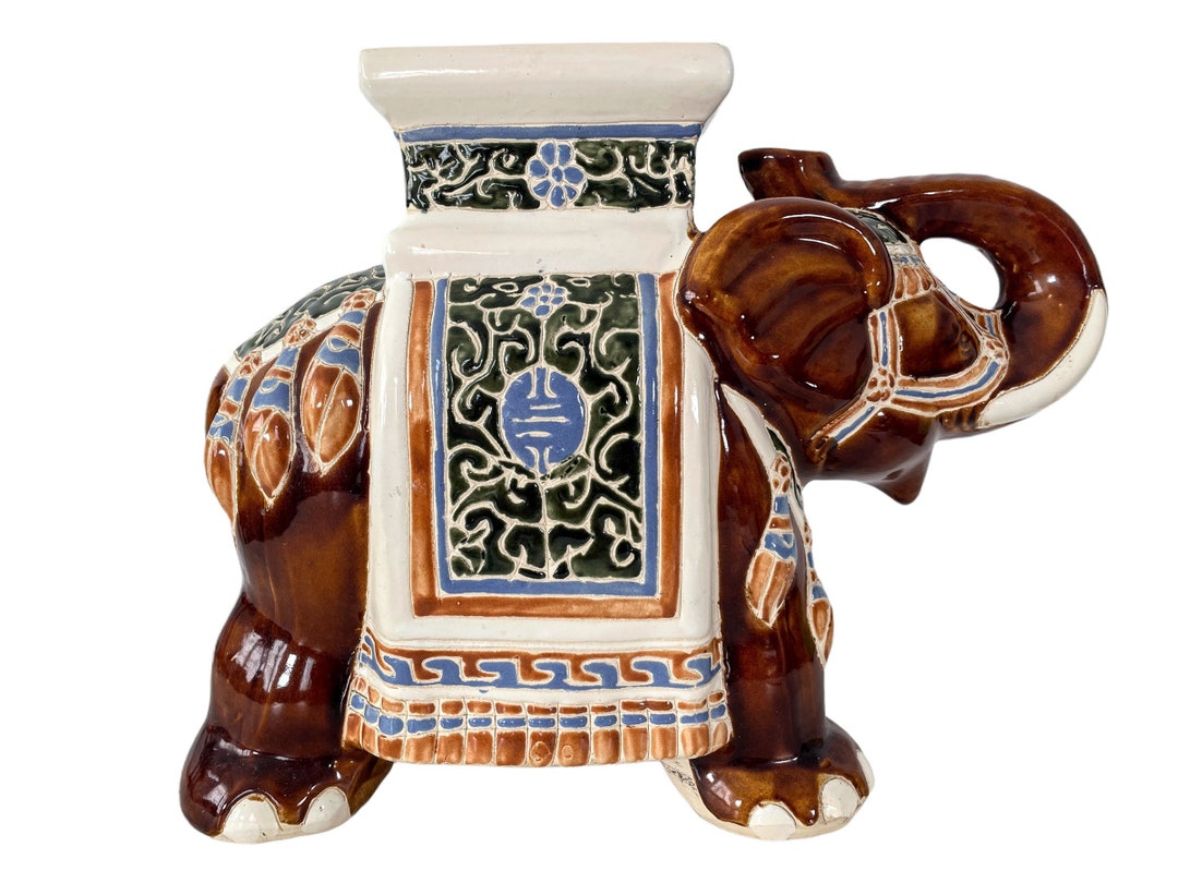 Vintage Chinese Elephant Ceramic Pot Stand Plinth Rest Brown White ...