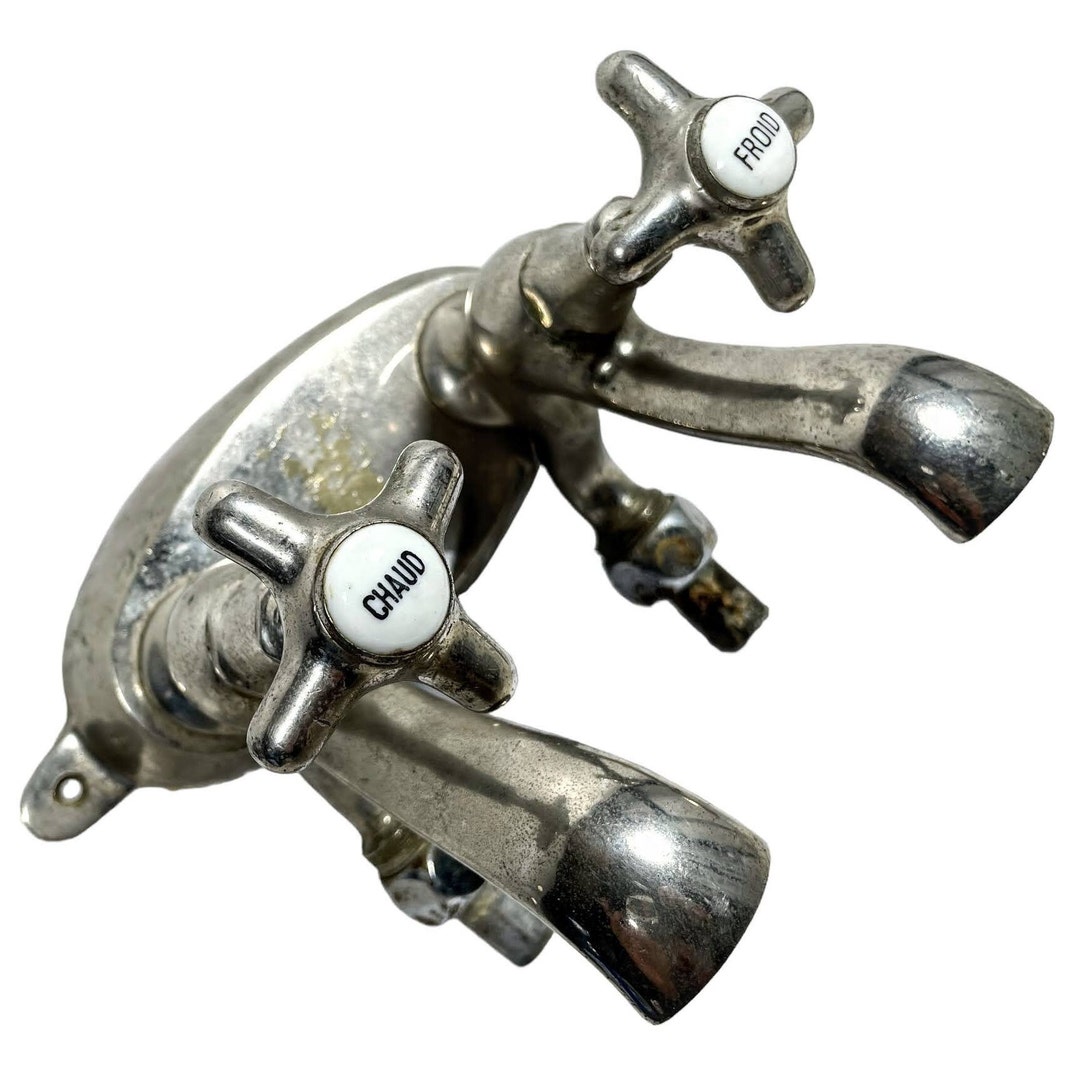 Vintage French Metal Kitchen Sink Bathroom Hot Cold Froid Chaud Faucet ...