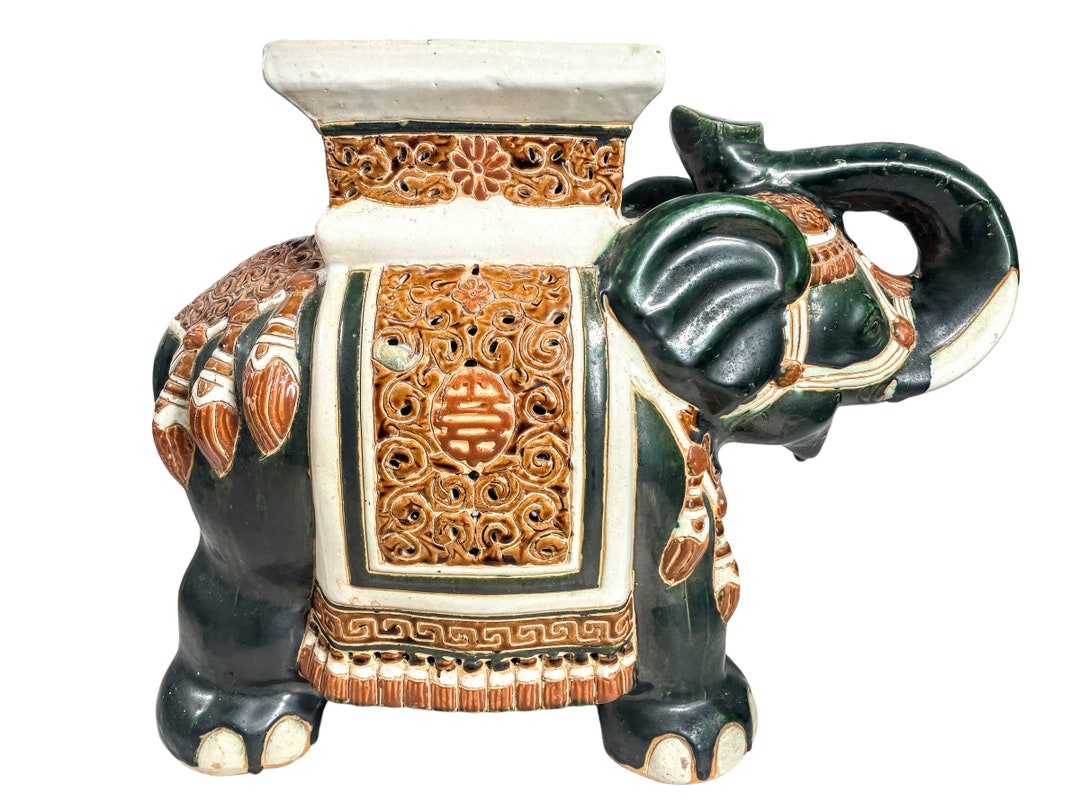 Vintage Chinese Elephant Ceramic Pot Stand Plinth Rest Brown Jade Green ...