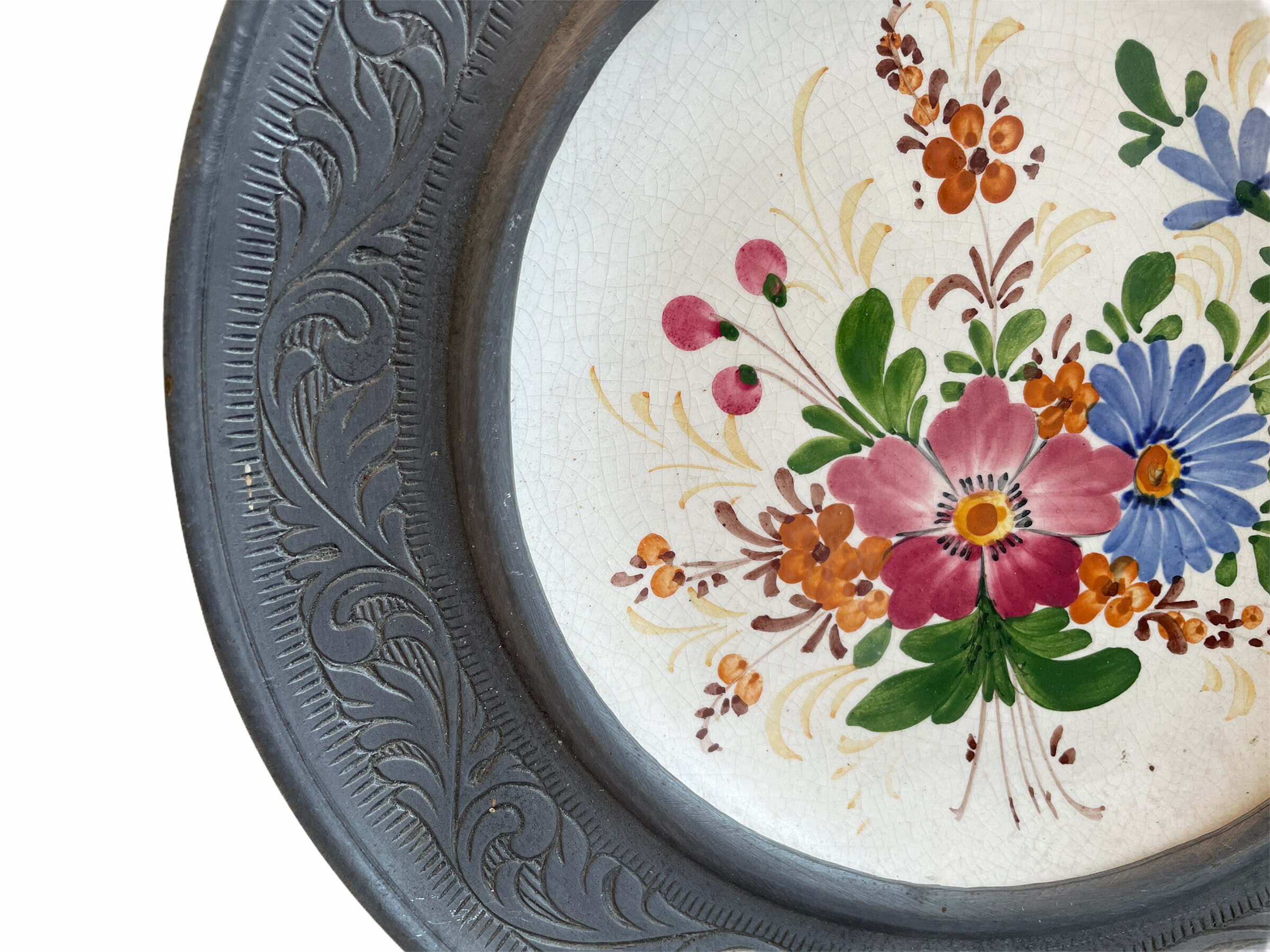 Vintage French Heavy Plate With Pewter Surround Hand Painted | Etsy