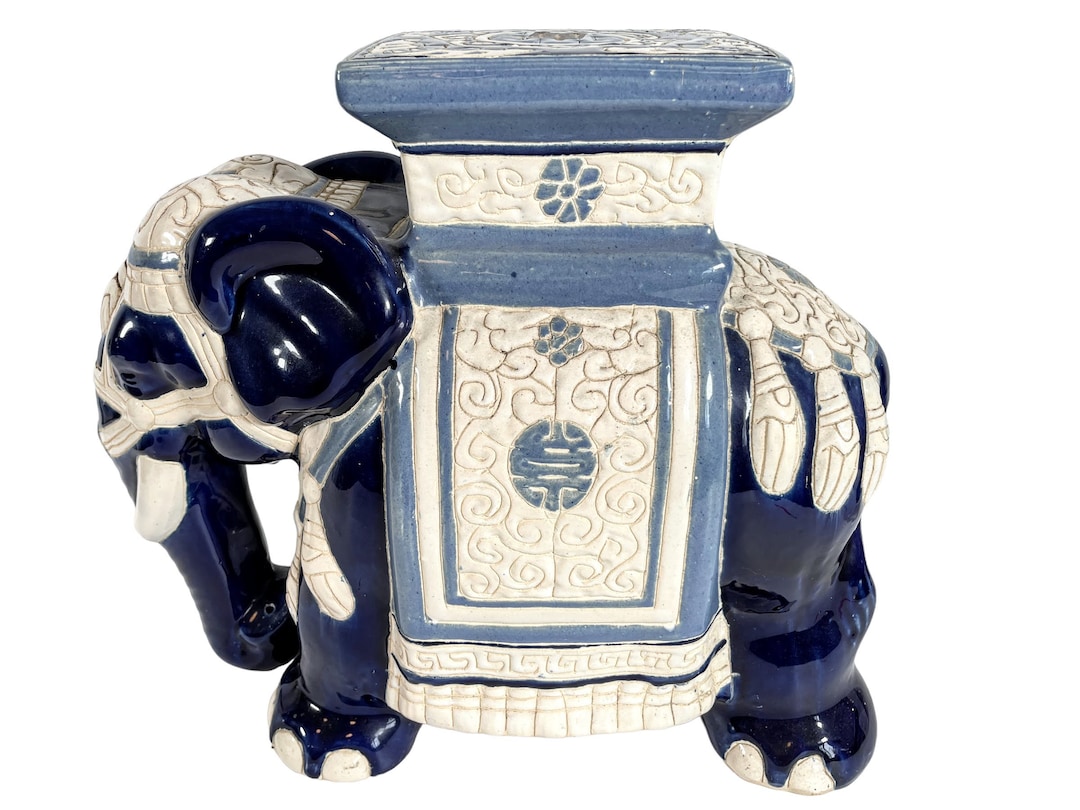 Vintage Chinese Elephant Large Ceramic Pot Stand Plinth Rest Blue White ...