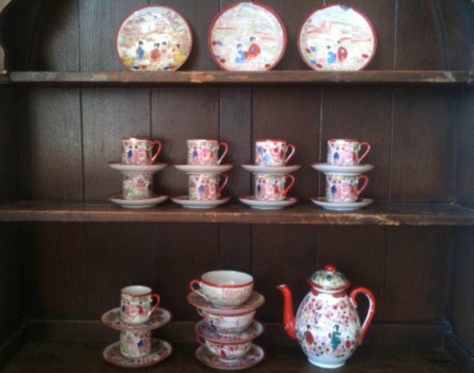 Vintage Japanese Ceraminc Green Tea Service Set Cups Saucers Teapot ...