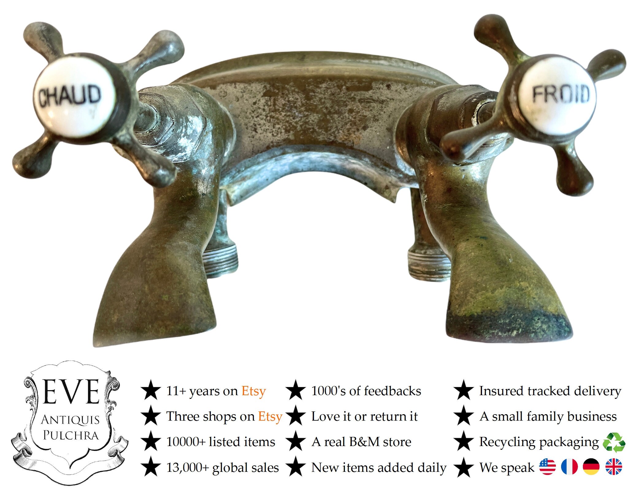 Antique French Metal Brass Bronze Kitchen Sink Bathroom Hot Cold Froid ...