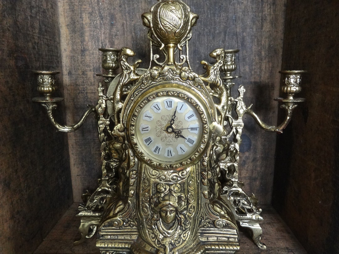 Vintage Heavy Brass Electronic Reproduction Clock With Candle Sticks ...