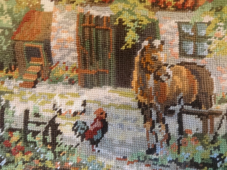 Vintage French Farmhouse Rustic Country Horse Farming Cross Stitch ...