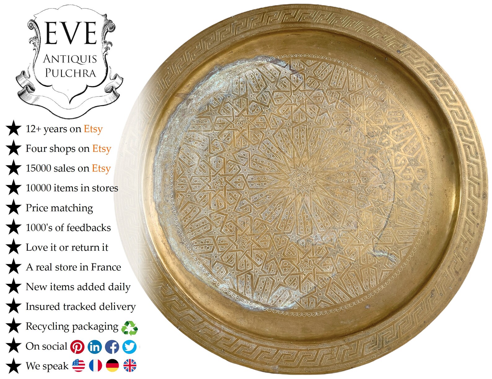Vintage Moroccan Arabian Brass Circular Tray Plate Dish | Etsy