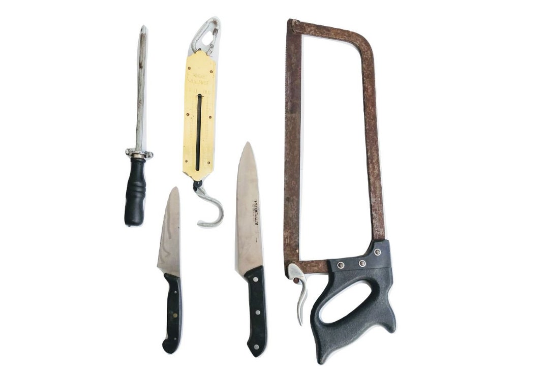 Vintage French Butcher Meat Tool Knife Saw Sharpener Hanging Decor ...